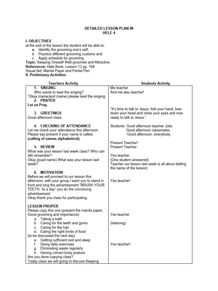 Detailed Lesson Plan in Hele 4 | PDF | Hygiene