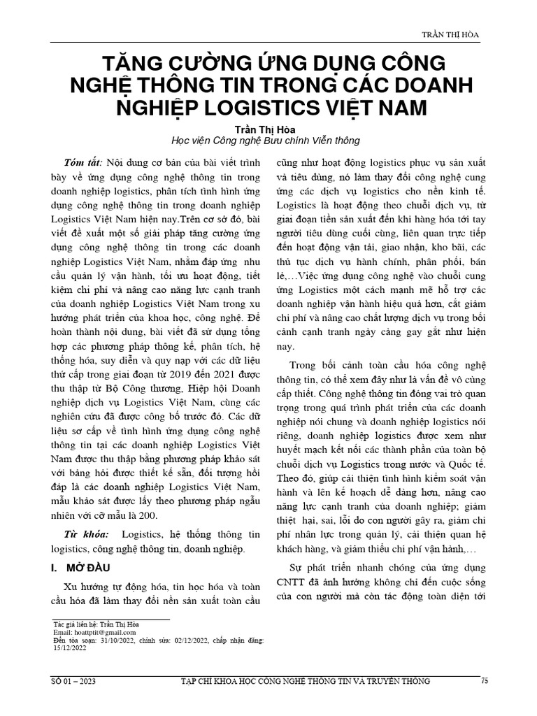 Tăng Cường ỨNG D ỤNG Công NGH Ệ Thông TIN Trong CÁC Doanh Nghi ỆP Logistics VI ỆT NAM | PDF