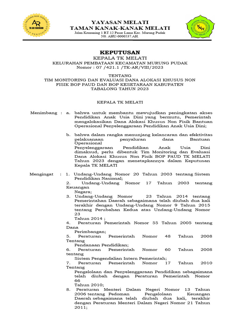 Contoh SK TIM MONITORING DAN EVALUASI BOP PAUD TK AR MELATI | PDF