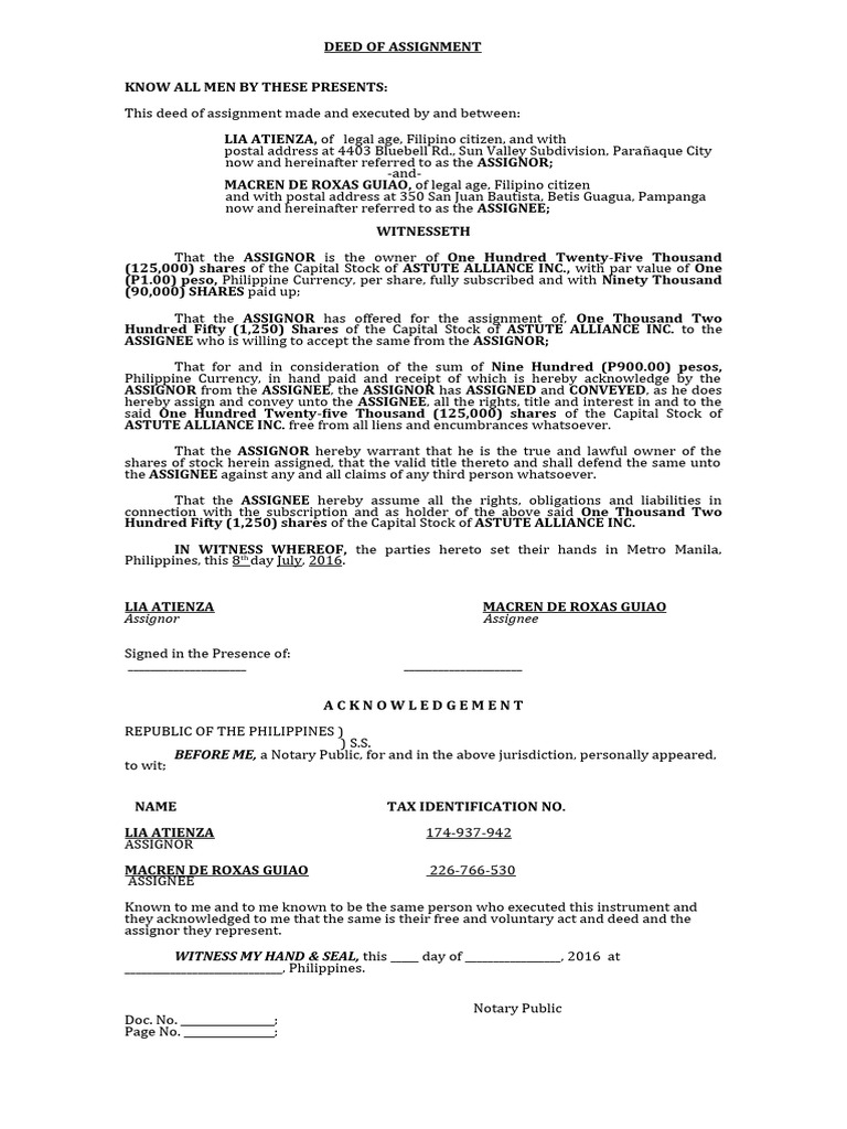 Deed of Assignment-Macrin | PDF | Assignment (Law) | Civil Law (Legal ...