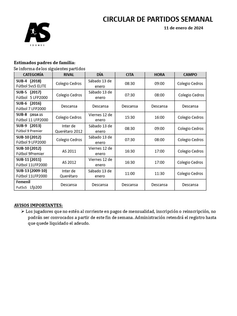 Circular de Partidos ALL STARS 11 ENE 24 | PDF