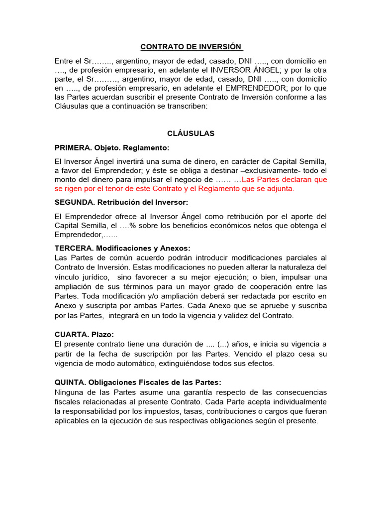 Modelo Contrato de Inversion-1 | PDF | Finanzas y dinero