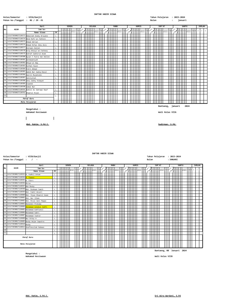 Daftar Hadir Siswa MTSRS 2023-2024 Ganjil-1 | PDF