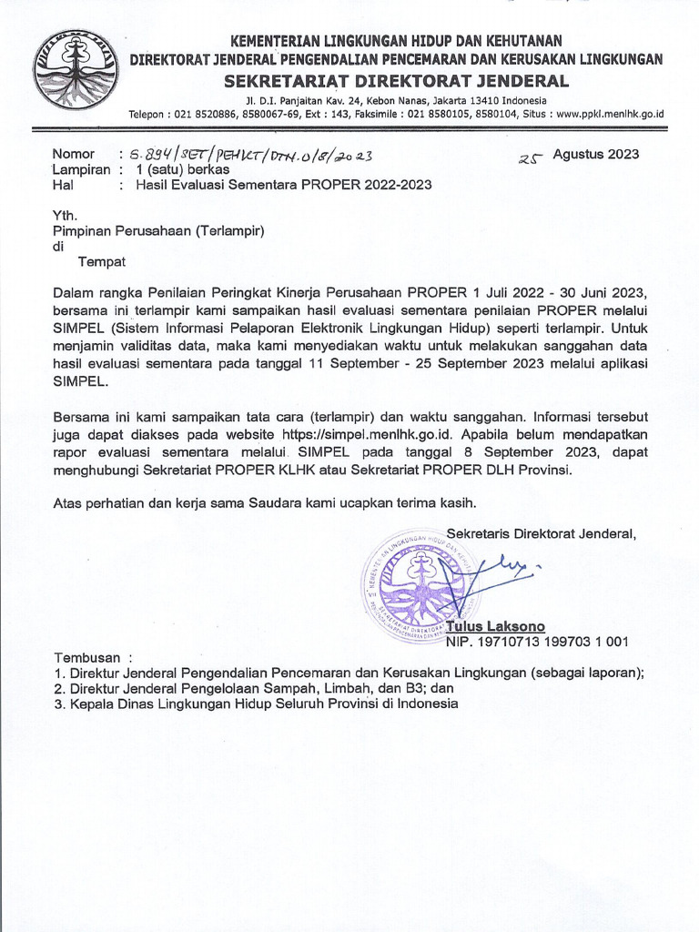 Surat-Pengantar - S.894 Penyampaian Hasil Evaluasi Sementara PROPER ...
