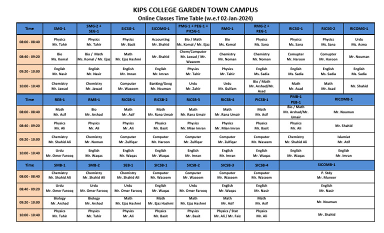 Online Classes Time Table January 2024 | PDF