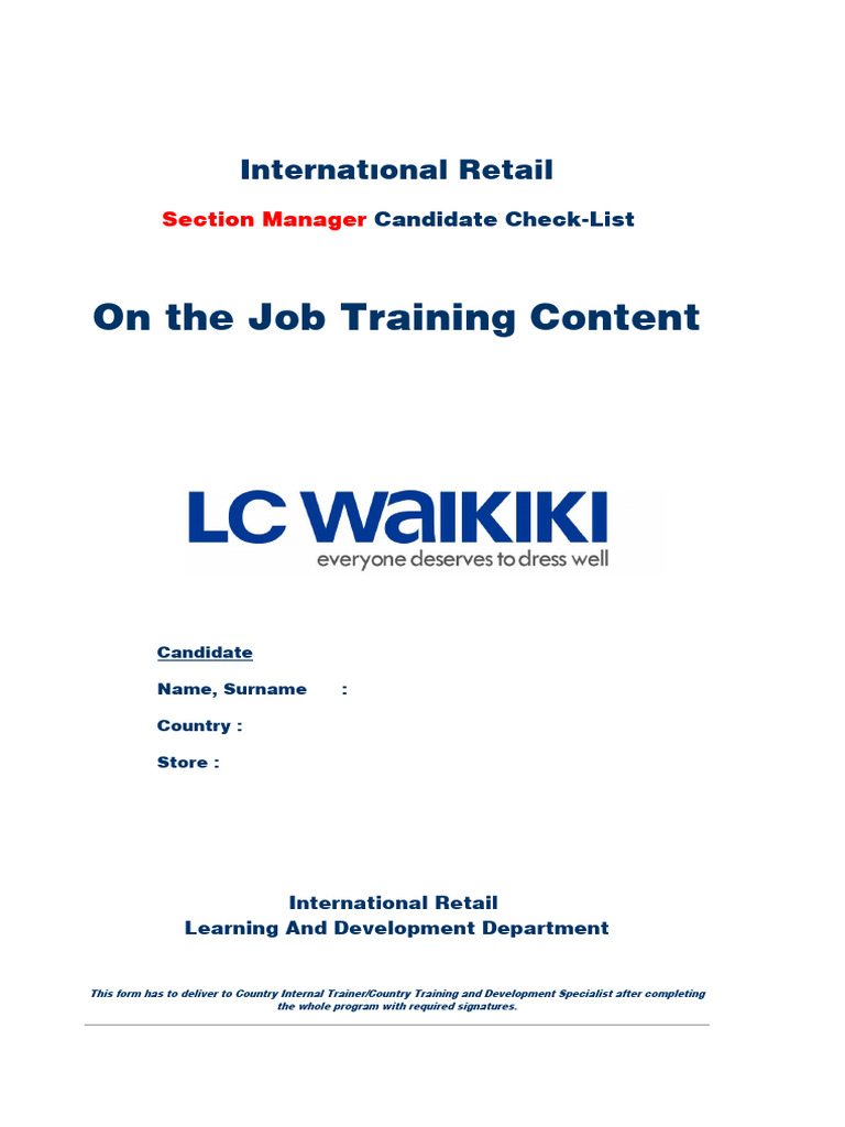 Section Manager On The Job Training Check-List | PDF | Merchandising ...