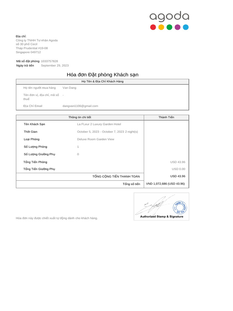 Agoda Booking ID 1033757828 - RECEIPT Enclosed | PDF