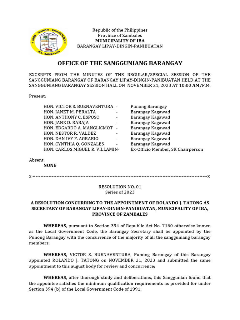 Resolution On The Appointment of Barangay Secretary | PDF | Philippines ...