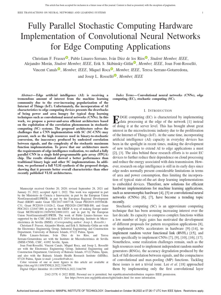 Fully Parallel Stochastic Computing Hardware Implementation of Convolutional Neural Networks For ...