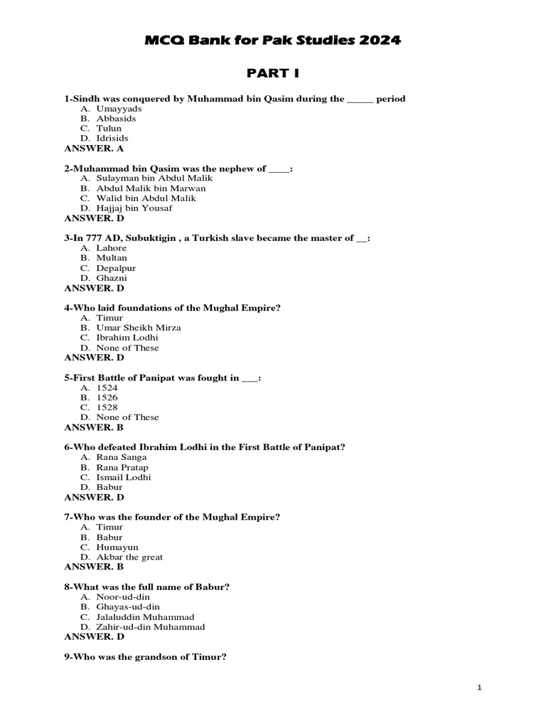 MCQ Bank For Pak Studies 2024 | PDF | Politics Of Pakistan | South Asia