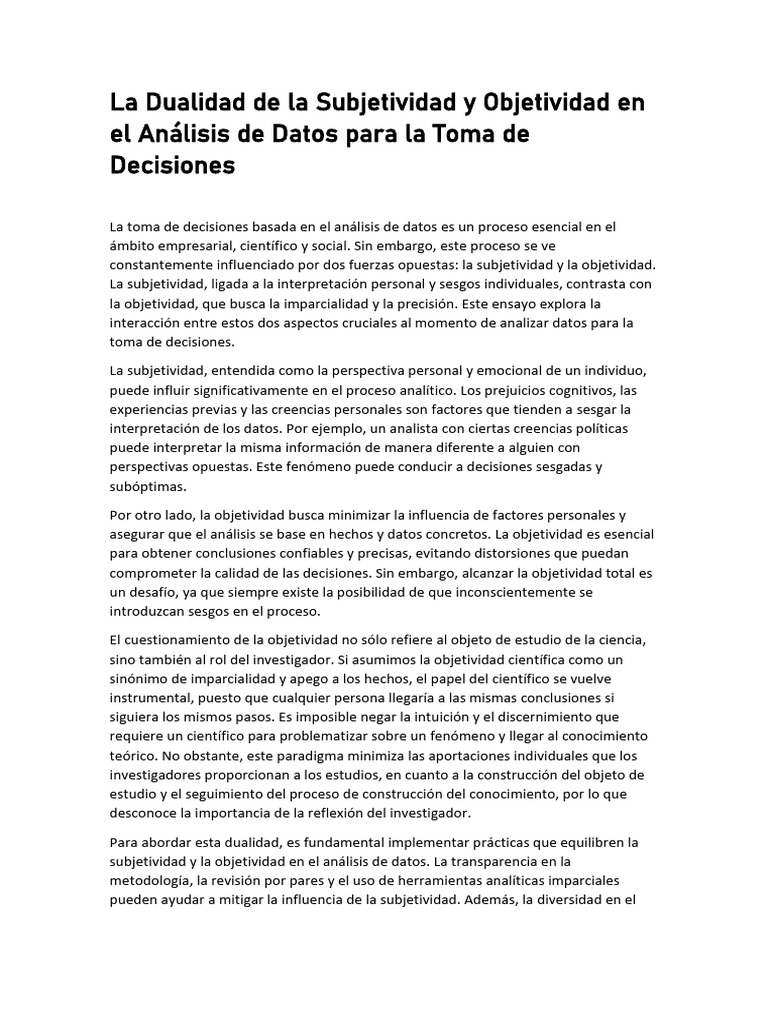 La Dualidad de La Subjetividad y Objetividad en El Análisis de Datos para La Toma de Decisiones ...