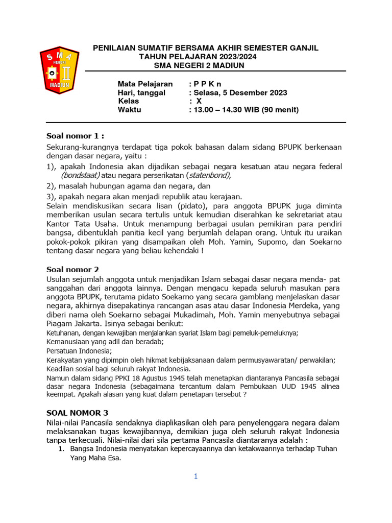 PPKN X Soal Susulan Pas GSL 2023 | PDF | Ilmu Sosial