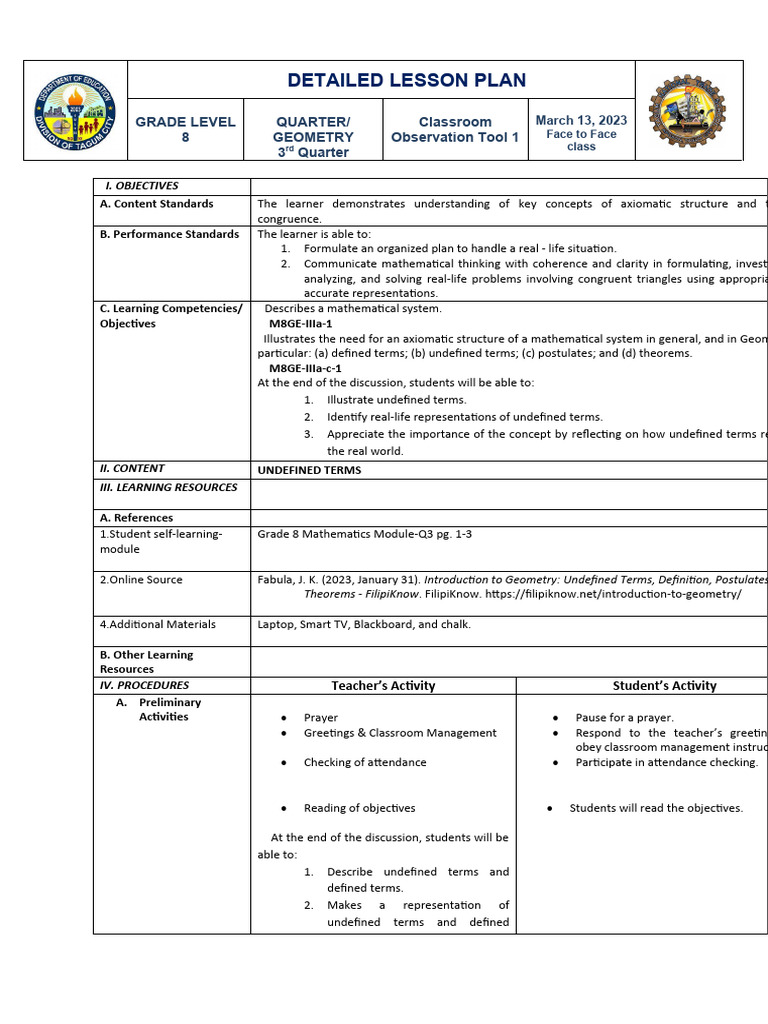 Grade 8 Geometry Lesson Plan: Undefined Terms | PDF | Axiom | Mathematics