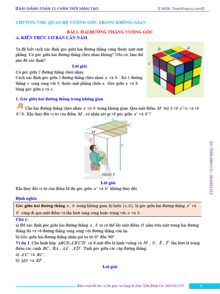 Bai Giang Quan He Vuong Goc Trong Khong Gian Toan 11 CTST | PDF