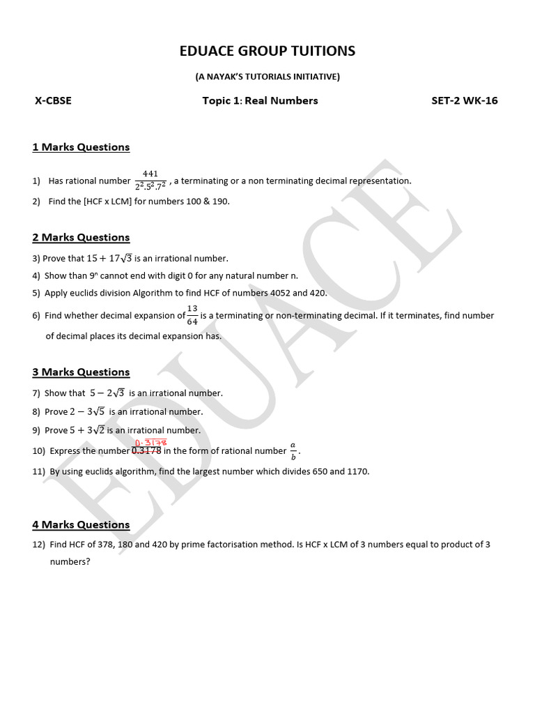 CBSE X Real Numbers Worksheet | PDF