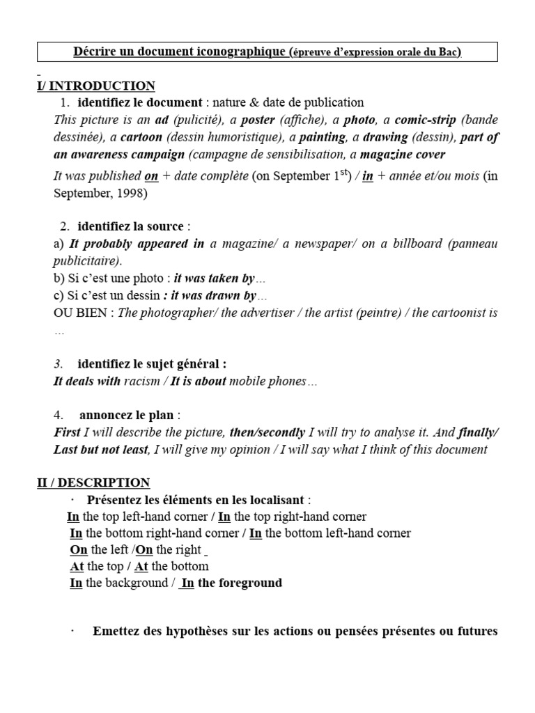 Décrire Un Document Iconographique (Épreuve D'expression Orale Du Bac) | PDF