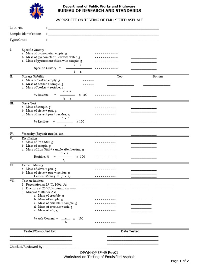 DPWH-QMSF-49 Rev00 Worksheet On Testing of Emulsified Asphalt-2 | PDF ...