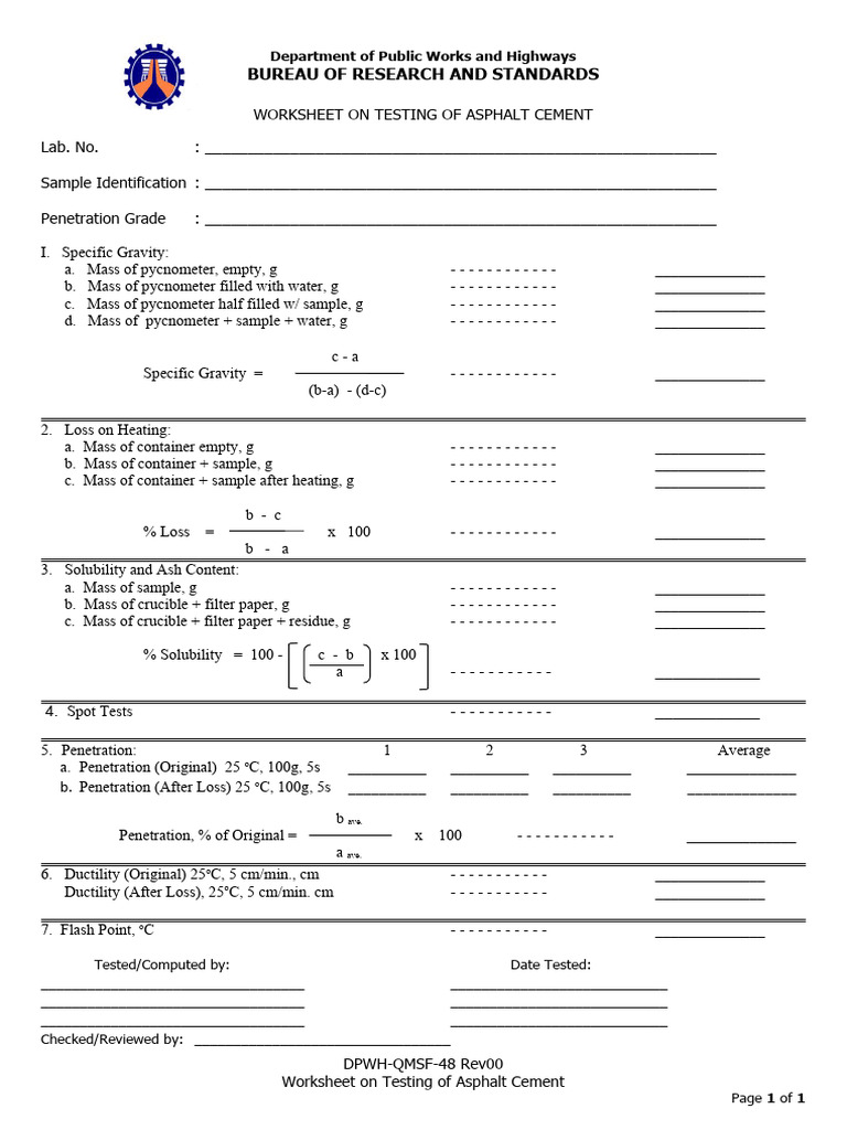 Asphalt Cement Testing Worksheet | PDF | Materials | Physical Sciences