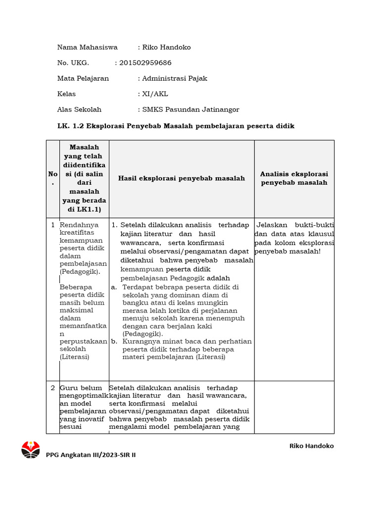 LK. 1.2 Eksplorasi Penyebab Masalah Pembelajaran Peserta Didik SMK SRKL-2 RK 1 | PDF