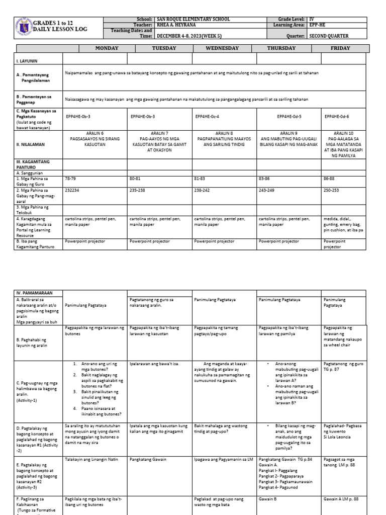 DLL - Epp-He 4 - Q1 - W5 | PDF
