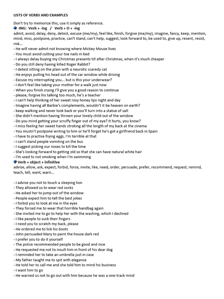 LISTS OF VERBS AND EXAMPLES 2 | PDF