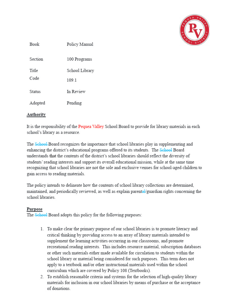 PVSD School Library Policy Draft Dec. 18 2023 | PDF | Libraries | School Library