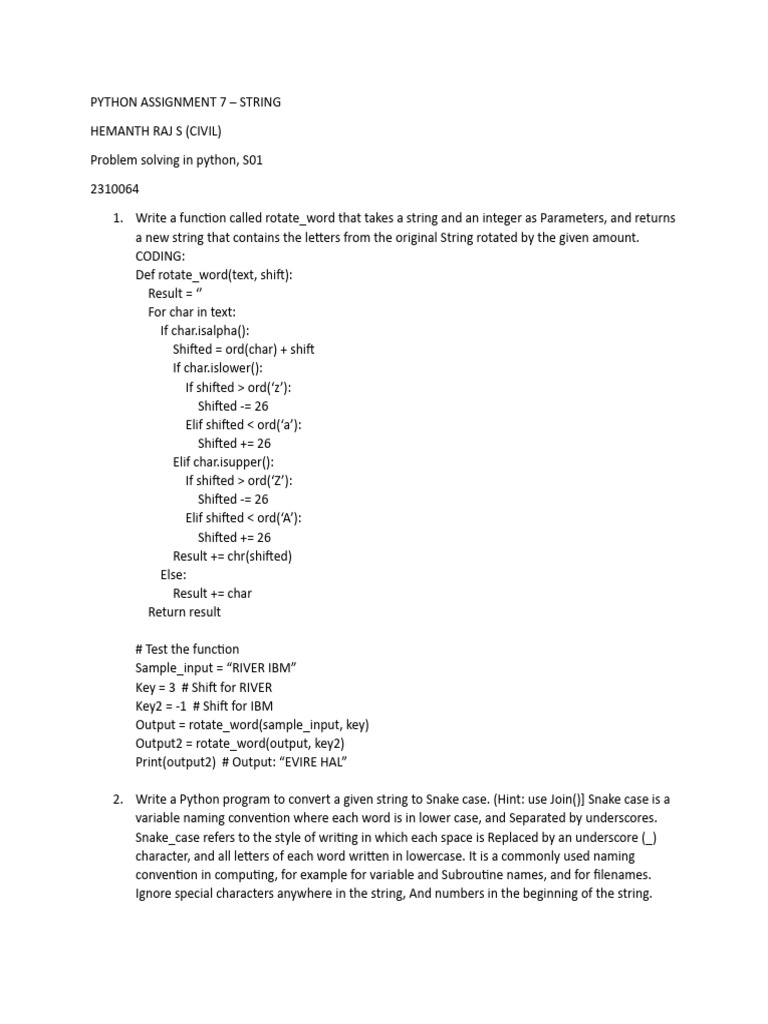 Python Assignment 7 String By Hemanth Raj S Civil S01 Pdf String Computer Science Letter 