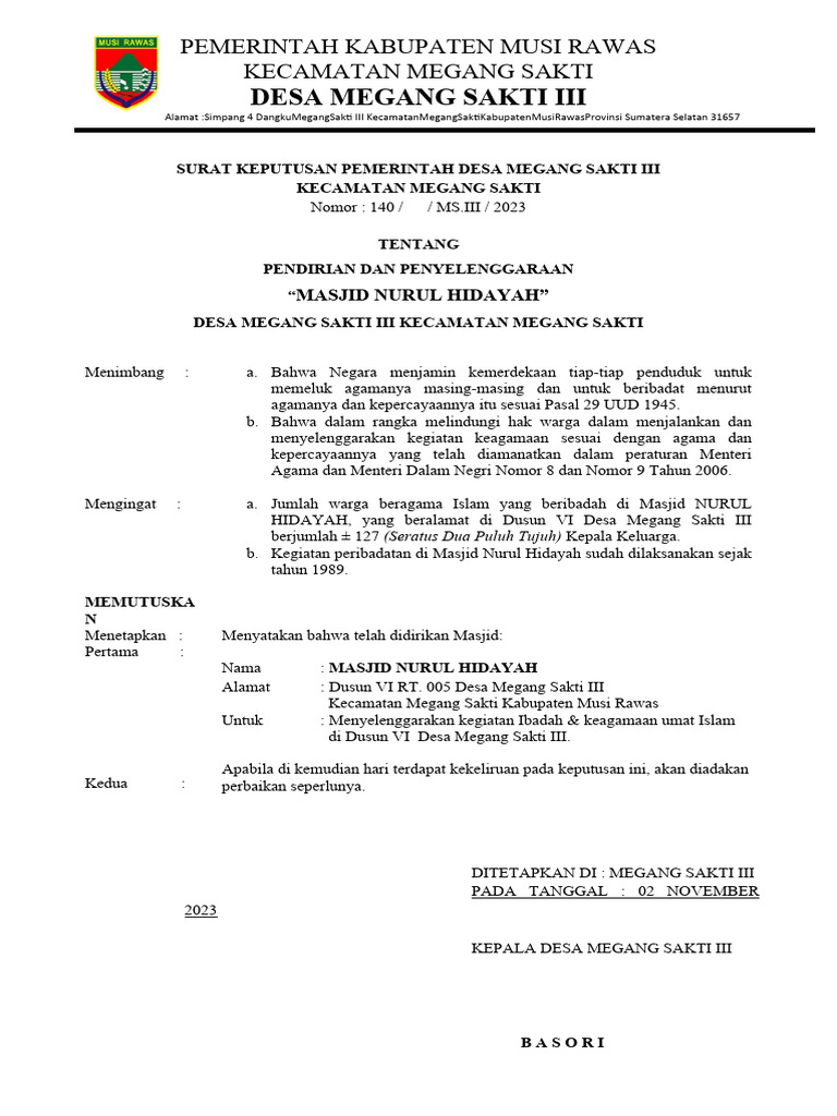 Surat Keputusan Pendirian Masjid | PDF