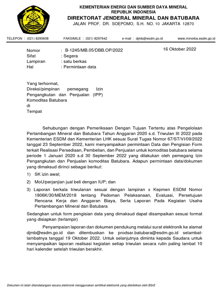 Surat permintaan data transaksi IPP IUP OPK | PDF