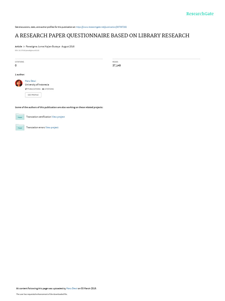 A Research Paper Questionnaire Based On Library Re | PDF ...