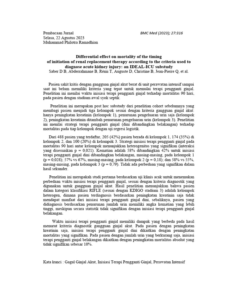 Critical Appraisal Differential Effect On Mortality of The Timing of ...