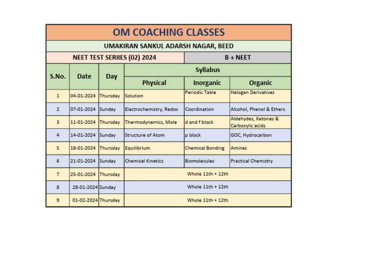 NEET 2024 Coaching Schedule Beed | PDF