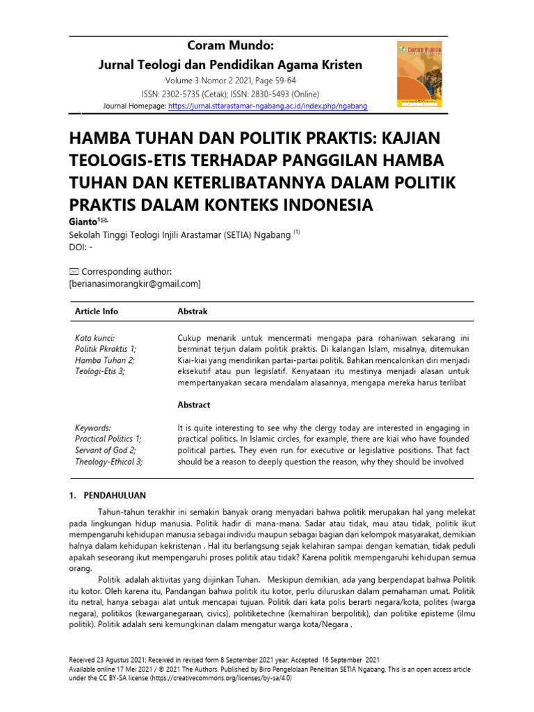 Hamba Tuhan Dan Politik Praktis Kajianteologis-Etisterhadap Panggilan ...