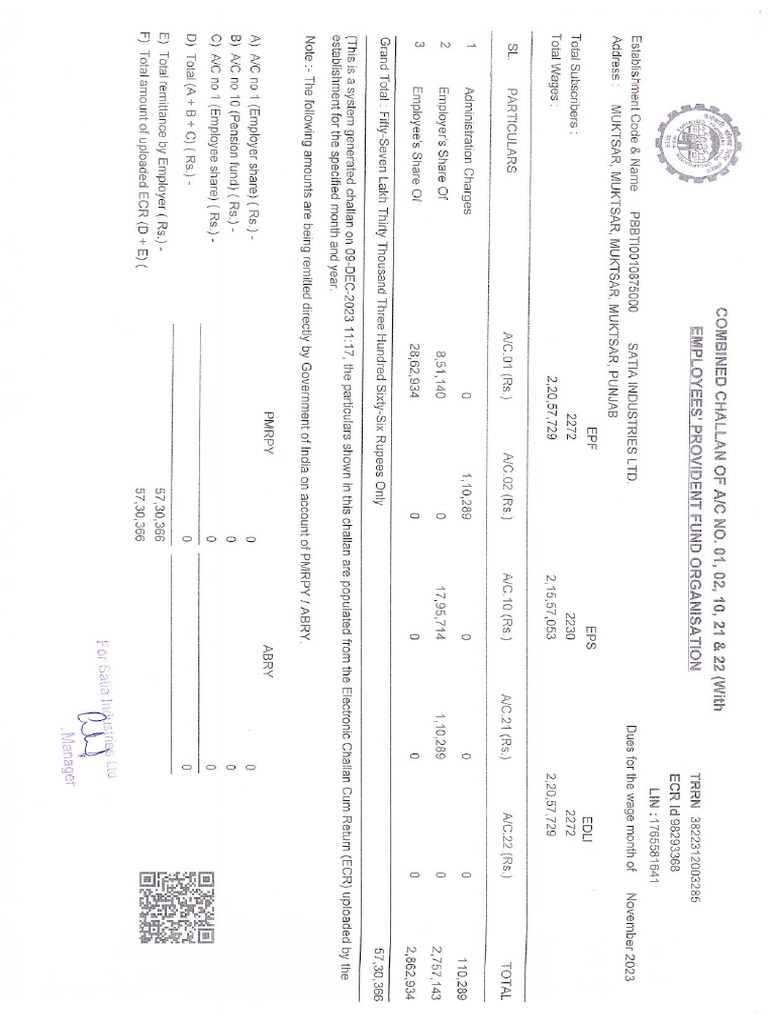 Ecr &Challan Nov.2023 | PDF