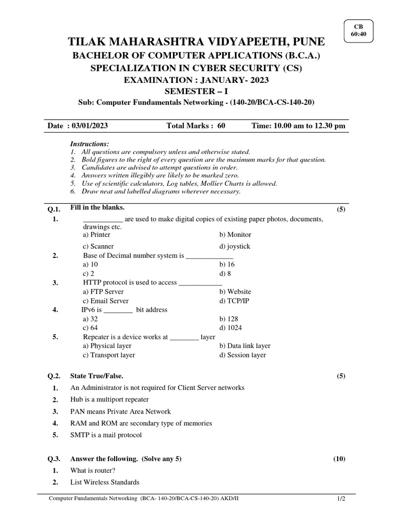 BCA-140-20, BCA-CS-140-20 Computer Fundamentals Networking | PDF
