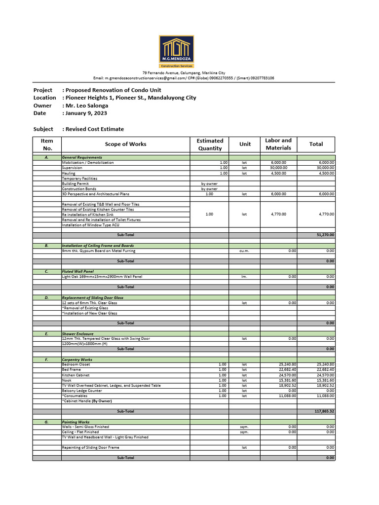 01-09-24 Revised Cost Estimate | PDF | Countertop | Tile