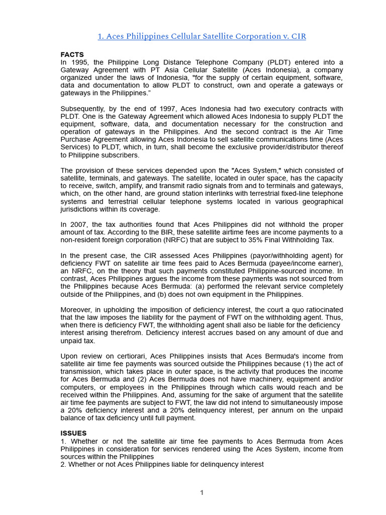 Aces Philippines Cellular Satellite Corporation v. CIR | PDF | Taxes ...