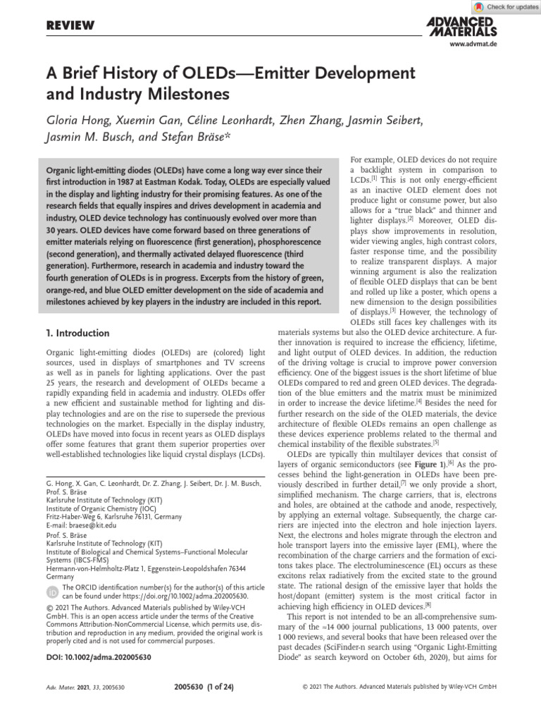 OLEDs Advanced Materials - 2021 - Hong - A Brief History of OLEDs ...