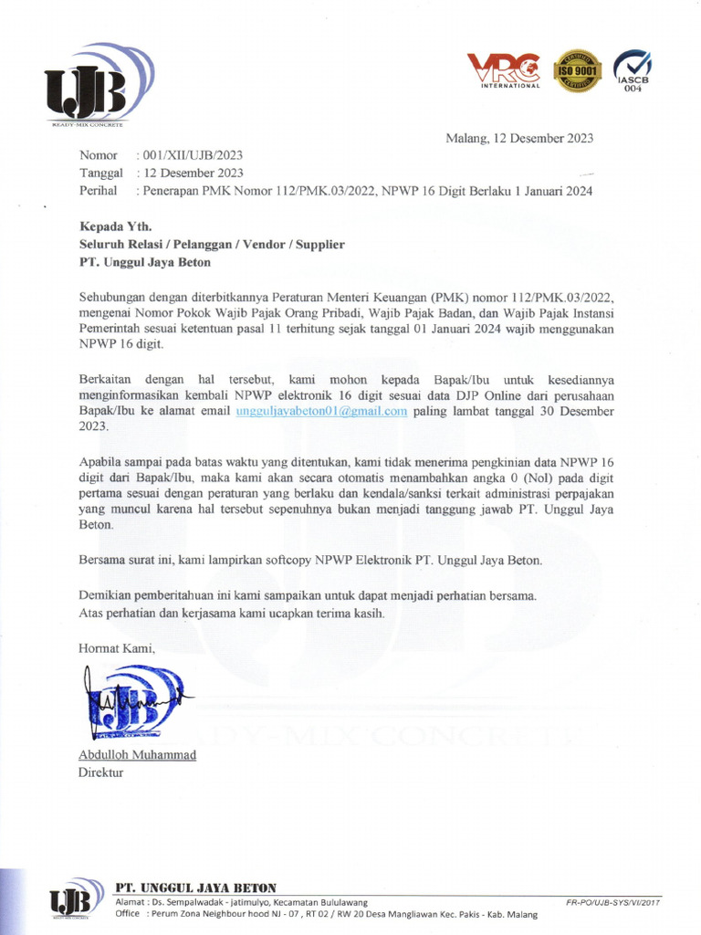 Pemberitahuan NPWP 16 Digit Pt. Unggul Jaya Beton | PDF