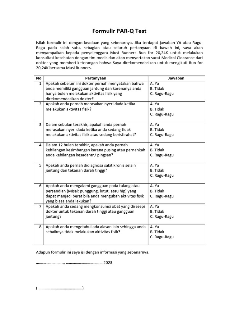 Formulir PAR-Q Test & Surat Pernyataan 3 | PDF