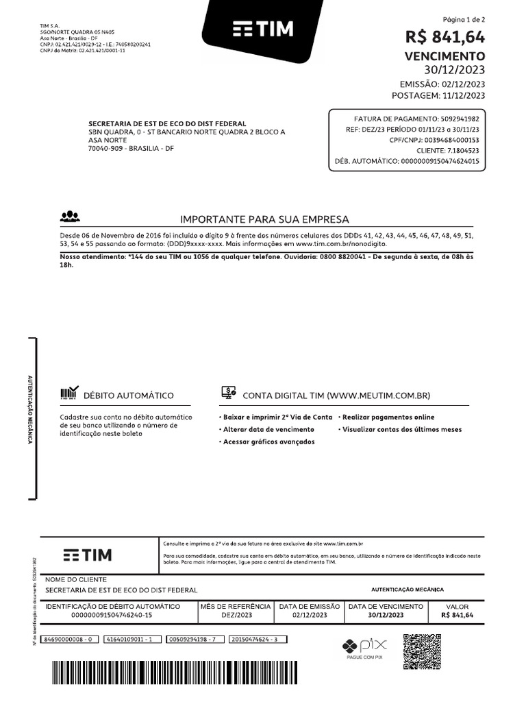 Fatura Capa Tim Nov | PDF