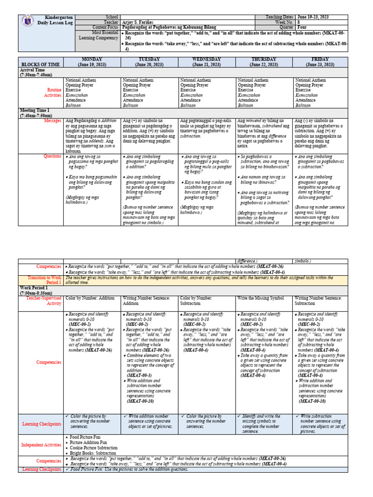 Kindergarten DLL MELC Q4 Week 8 Asf | PDF
