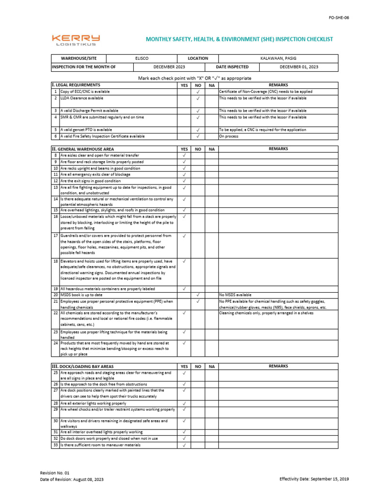 Safety & Health Inspection Form | PDF | Forklift | Fire Safety