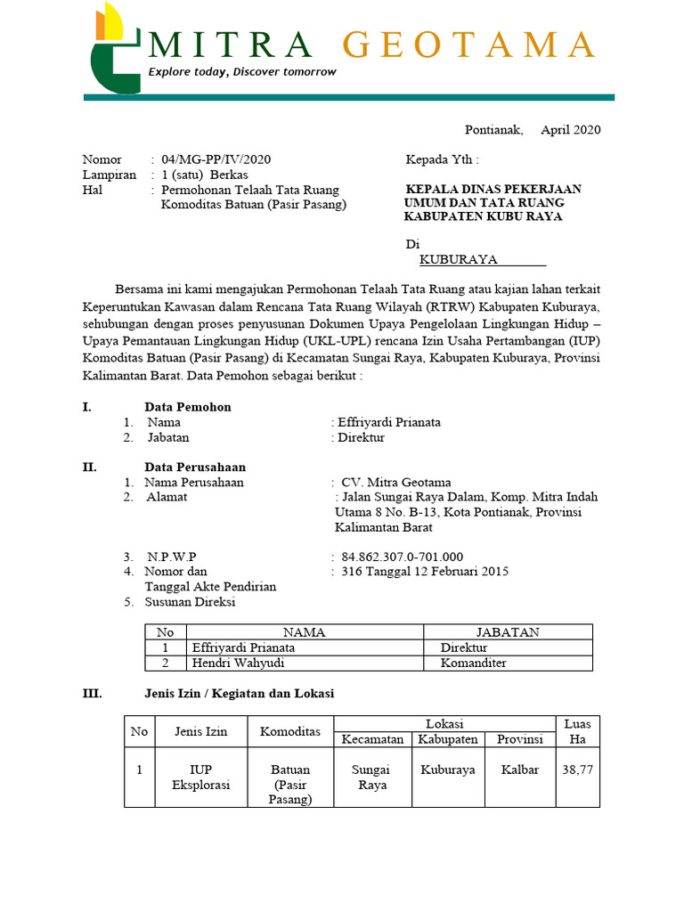 Permohonan Tata Ruang Mitra Geotama Pasir Pasang Kuburaya | PDF