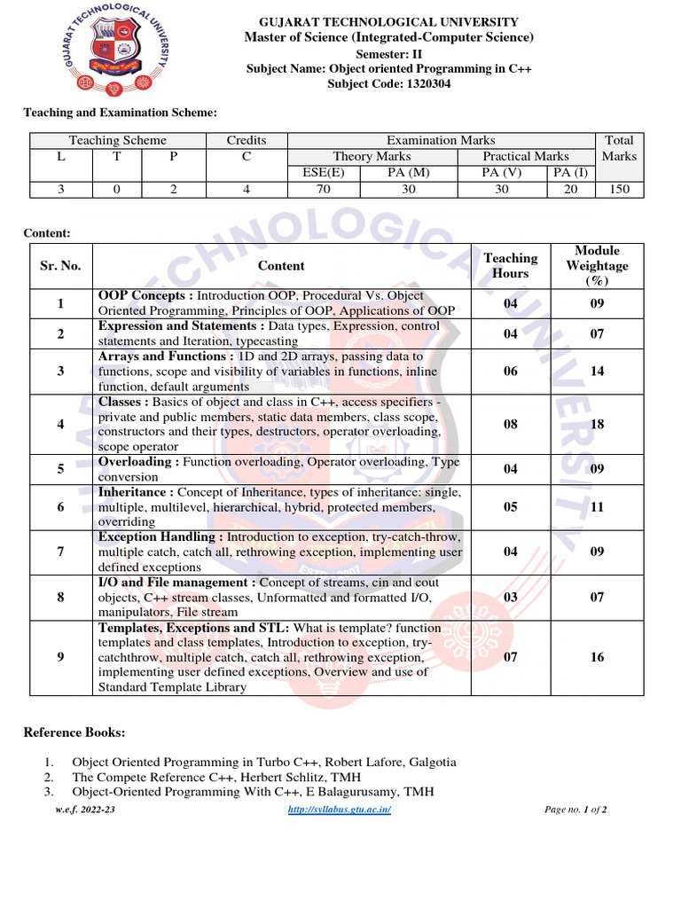 Gujarat Technological University Semester: II Subject Name: Object Oriented Programming in C++ ...