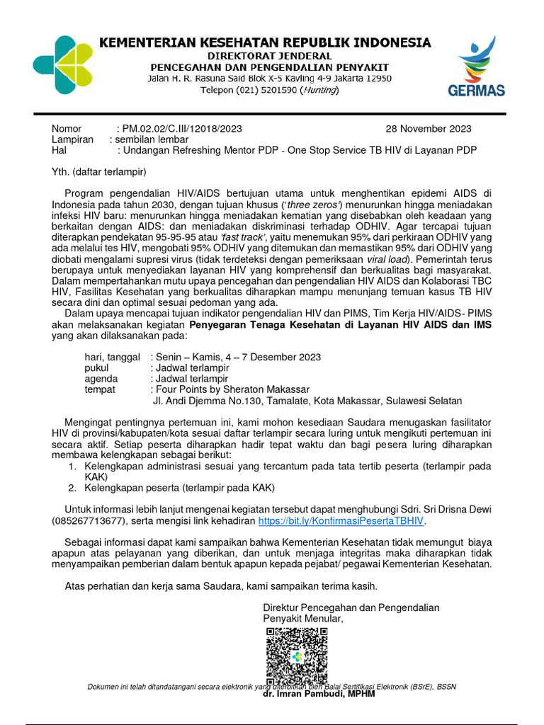 Surat Undangan Refreshing Mentor PDP - One Stop Service TB HIV Di Layanan PDP | PDF