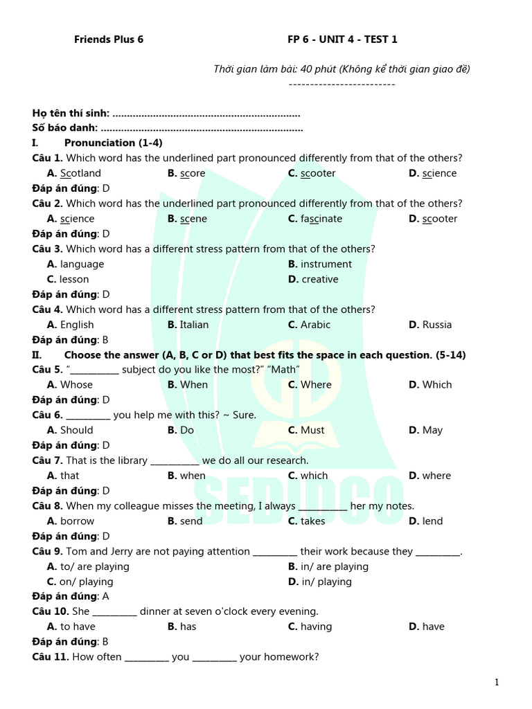 Ôn tập học kì I - Unit 4 - Test 1 (key) | PDF | Curriculum