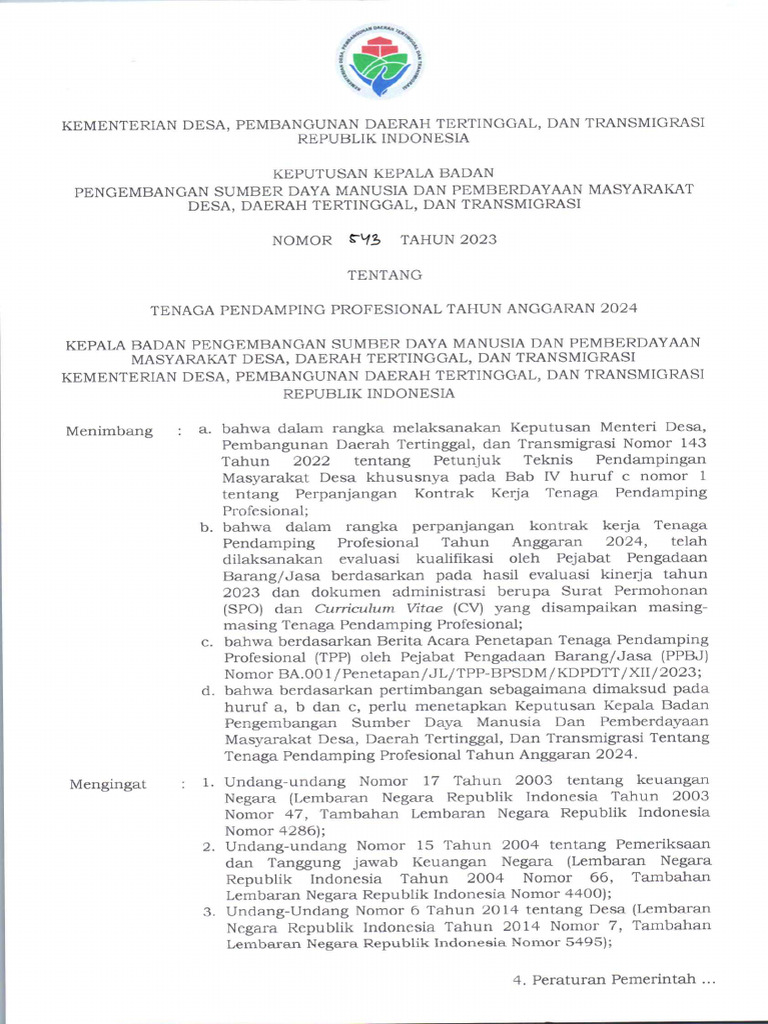 2023 Keputusan Kepala BP SDM PMD DTT 543 2023 Tentang Tenaga Pendamping Profesional TA 2024 ...
