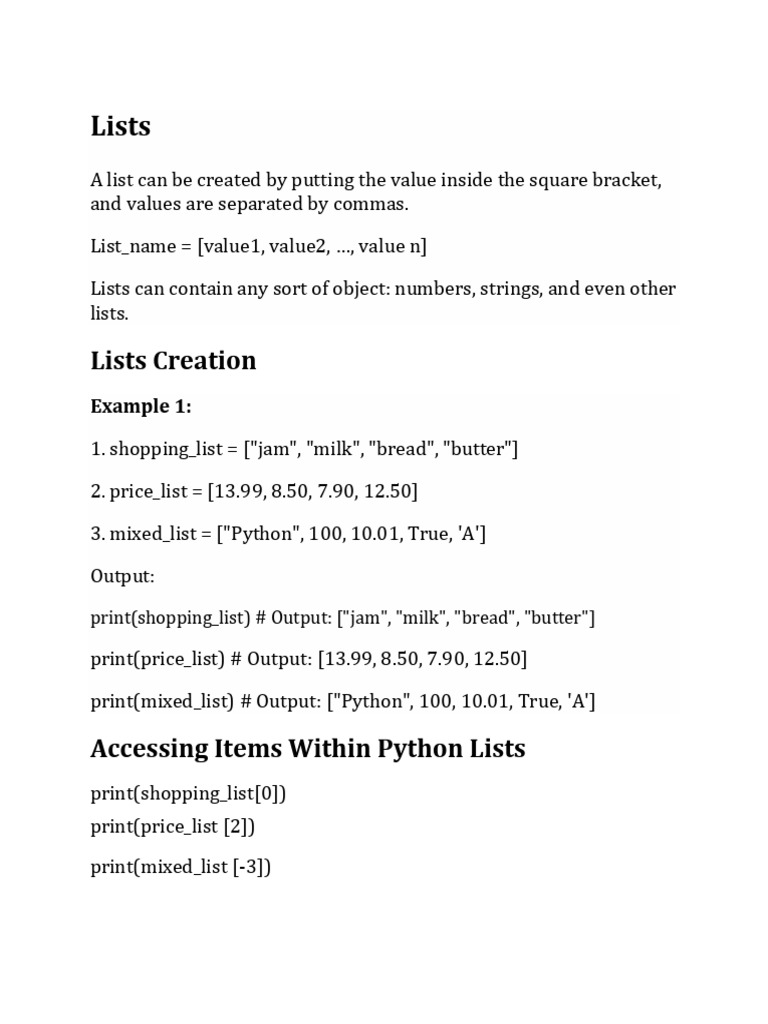 Python Lists: Creation, Access, and Manipulation | PDF | Boolean Data Type | Control Flow