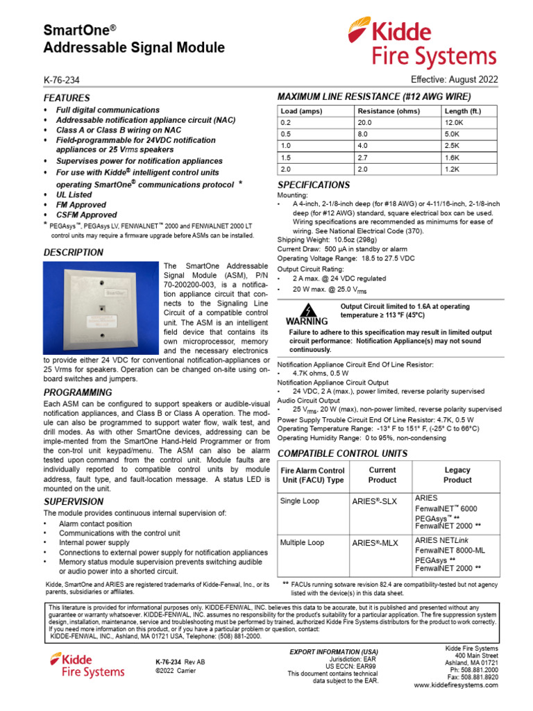 Kidde SmartOne Addressable Signal Module ASM K-76-234 | Download Free ...